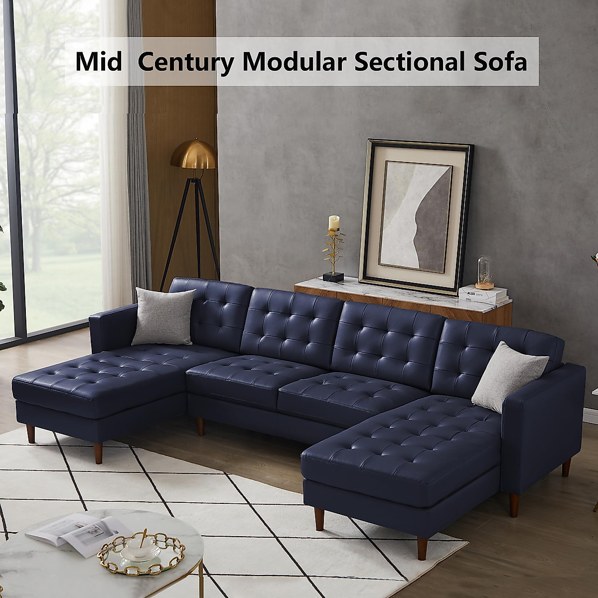 Aoowow Modular Sectional Sofa Convertible U Shaped Sectional Couch, Modern Faux Leather Upholstered Sofa Couch Comfy Sleeper Sofa Set with Reversible Chaise for Living Room(Blue)