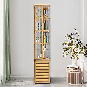 TUQI 6-Tier Corner Bamboo Bookshelf - 360° Rotating Storage Display Rack - Space-Efficient Design - 300 Book Capacity - Strong Load-Bearing - Easy Assembly - Primary Color