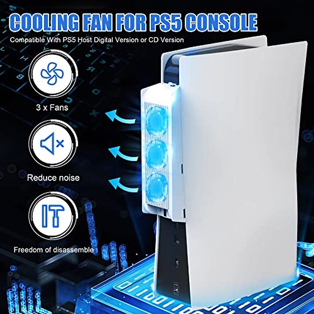 Cooling Fan for PS5 Accessories with 3 Cooling Fans, Luckit Upgraded Quiet Cooler Fan with USB Port and LED Light for Playstation 5 Console Digital