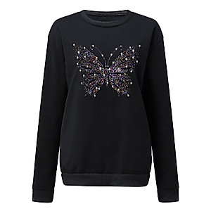 Front Botton Blouses Women Womens Sweatshirt Trendy Graphic Printed Long Sleeve Sweatshirts Crew Neck Winter Pullovers Cute Tees(Black-1,Large)