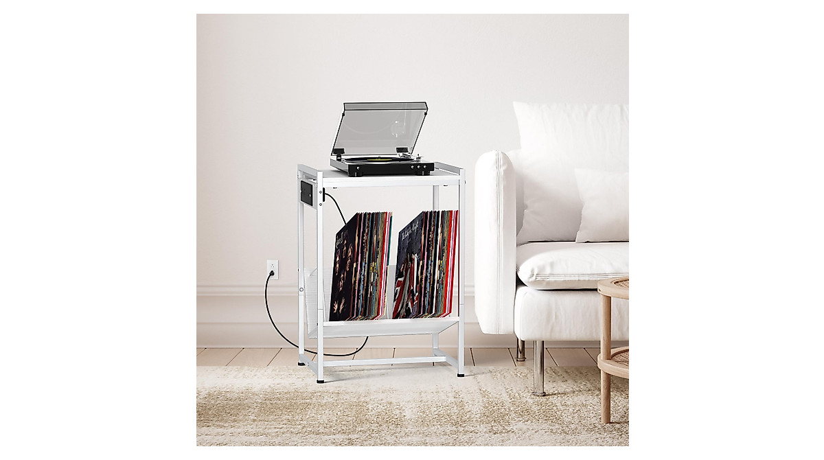 White Record Player Stand with Vinyl Storage and Charging Station