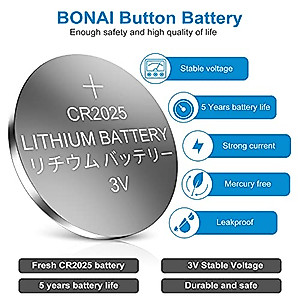 BONAI CR2025 3v Lithium Battery Coin Cell Batteries-30 Count, Premium Button Battery Long Lasting for Keyfob Key, Remotes Control, Watches (5-Year Shelf Life)