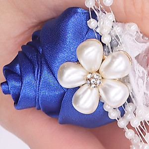 Snadulor 1 Pcs Wrist Flower,Wedding Bridesmaid Bride Wrist Corsage Decoration Hand Flower,Royal Blue