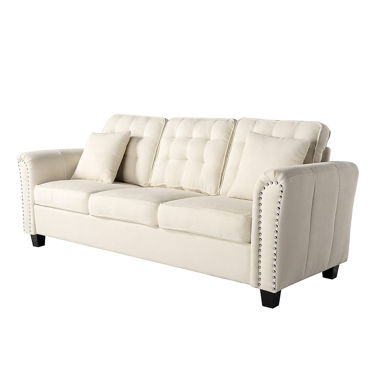 Lepfun Chesterfield, 86.6” Flare Sofa, Tufted 3 Seater Furniture, Velvet Couch with Scroll Arms and Nailhead for Living Room, Bedroom, Office, Apartment (Beige)