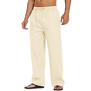 COOFANDY Men Linen Yoga Beach Cool Long Pants Stretchy Drawstring Waist Trousers