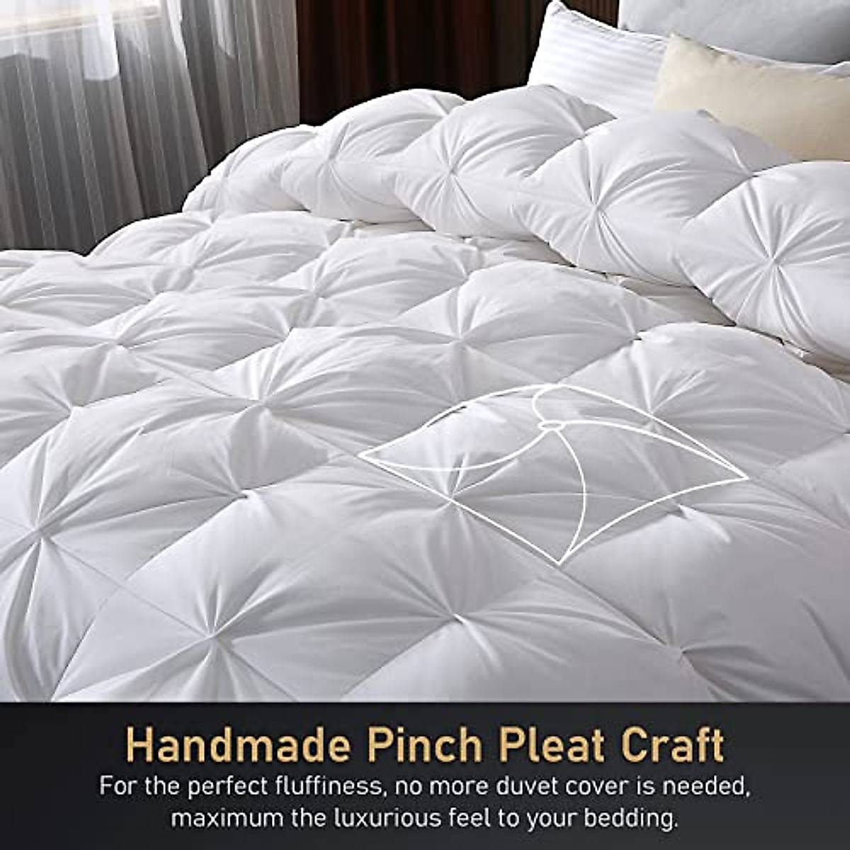 DWR Pinch Pleat Goose Feathers Down Comforter King Size, Ultra Soft Cotton Blend Cover, Luxury Fluffy Duvet Insert with 8 Corner Tabs, All-Season Medium Warm Bed Comforter(White, 106"x90")