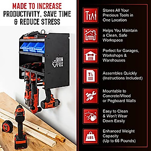 3-Tier Power Tool Organizer Wall Mount Design - Drill Holder Power Tool Storage Rack Holds Cordless Drills, Tools, Batteries, Chargers & More | Heavy Duty Drill Rack Made from Powder Coated Steel