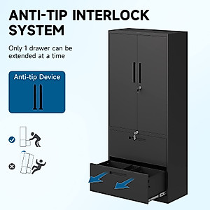 PEUKC 2-Drawer Metal File Cabinet, Lateral Vertical Filing Cabinets for Home Office, Locking File Cabinet with Storage Shelves, Legal/Letter/A4 Size Office File Cabinet, (Black, Assemble Required)