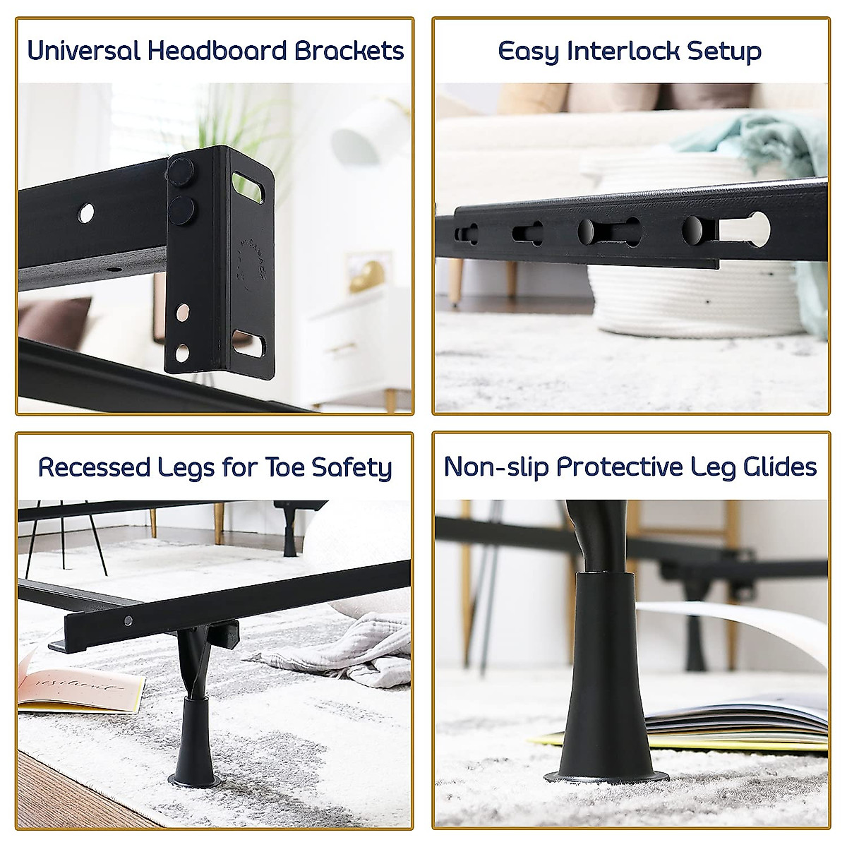 Clara Clark Adjustable Bed Base - Heavy Duty Steel Bed Frame, Metal Twin Bed Frame Expands to Full Bed Rails, Full/Queen Bed Frame - 5.25” H Bed Frame Only, Universal Headboard Brackets, Black