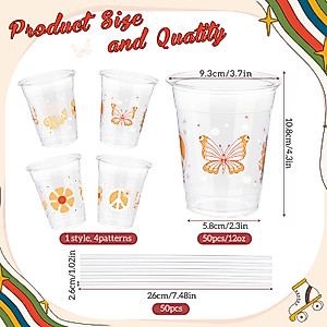 Sliner 50 Pcs Groovy Party Plastic Cups with Straws 12 oz Boho Retro Hippie Disposable Clear Cups Daisy Flower Cold Beverage Drinking Cups for Birthday Wedding Baby Shower Party Decoration Supplies