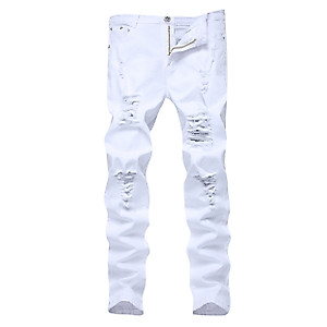 Men's White Skinny Slim Fit Ripped Distressed Destroyed Stretch Jeans Pants,White,34W