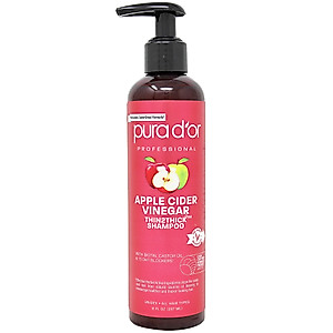 PURA D'OR Apple Cider Vinegar Thin2Thick Shampoo (8oz) Biotin, Castor Oil for Reduced Frizz, Split Ends, Clarifying & Detox, No Parabens, No Sulfates, All Hair Types, Men & Women