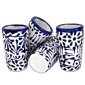 MEXTEQUIL - Talavera Shot Glasses Set of 4 Authentic Mexican Tequila Shot Glasses - Hand-painted - 2 Oz (Blue Lace)
