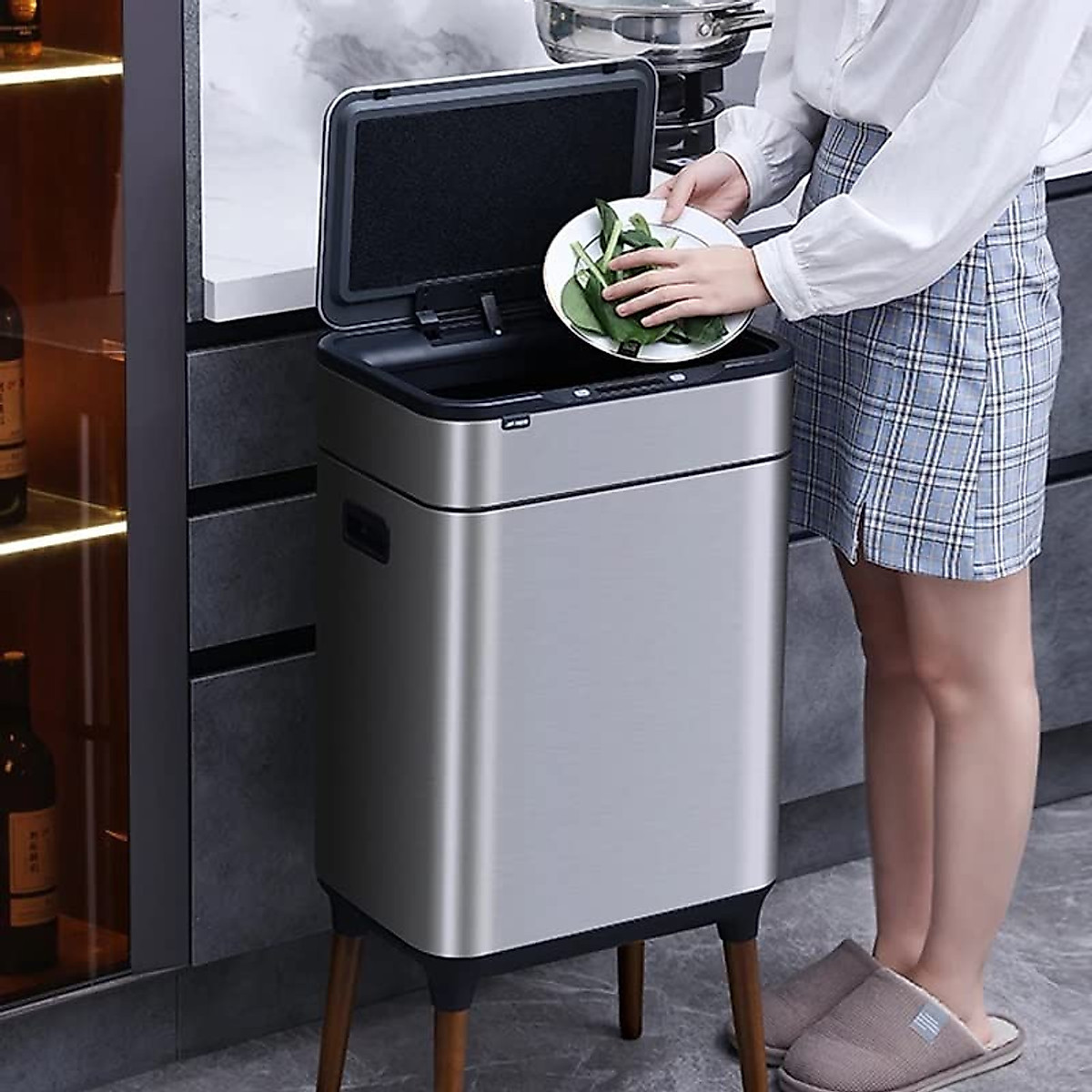DOUBA Smart Sensor Trash Can Stainless Steel Rectangle Trash Bin High Foot Rubbish Bin Kitchen Sorting Garbage Can Automatic Waste Bin