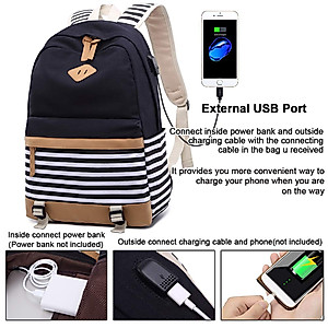 Meisohua Girls Canvas School Backpack Set Teen Girls Backpack with lunch bag College Laptop Backpack with USB (3 in 1 Black Set)