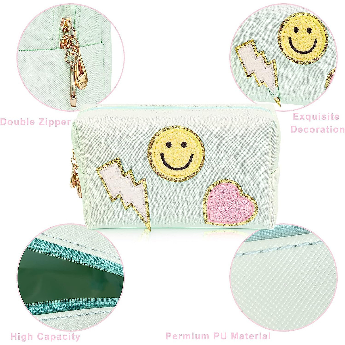 dark swan Preppy Makeup Bag Patch Smile Lightning Heart PU Leather Portable Waterproof Travel Makeup Bag Organizer Travel Accessories Makeup Bag Purse for Women Mint Green