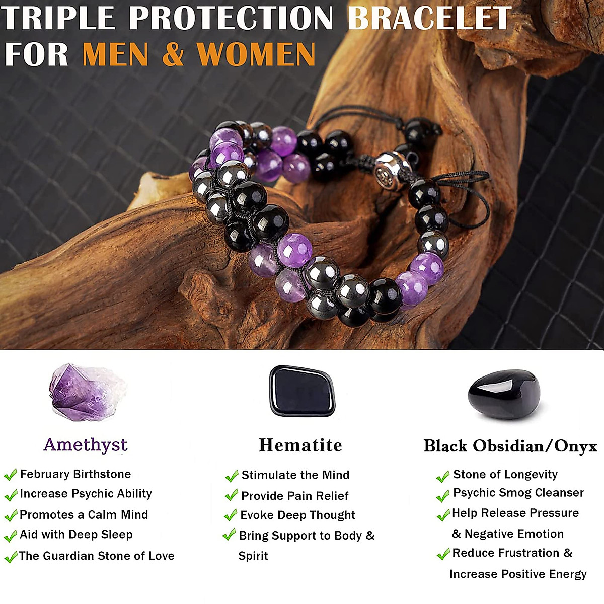 Triple Protection Bracelets for Men Women, Genuine Amethyst Black Obsidian Hematite 8mm Beads Bracelet, Handmade Natural Stone Bracelets for Protection Healing Balance Birthday Anniversary Gift