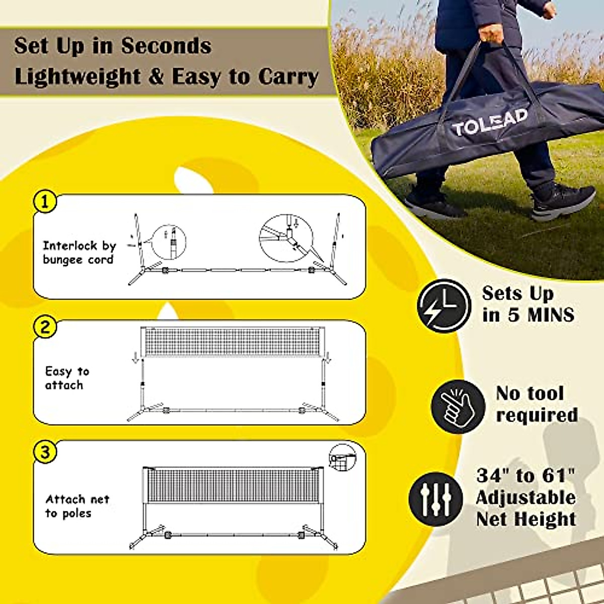 TOLEAD Badminton Pickleball Set with Net, 17ft x 3-5ft Height Adjustable Portable Kids' Volleyball Net for Backyard, Outdoor Sports Set All-in-One w/Volleyball Pickleball Paddles, Badminton Rackets