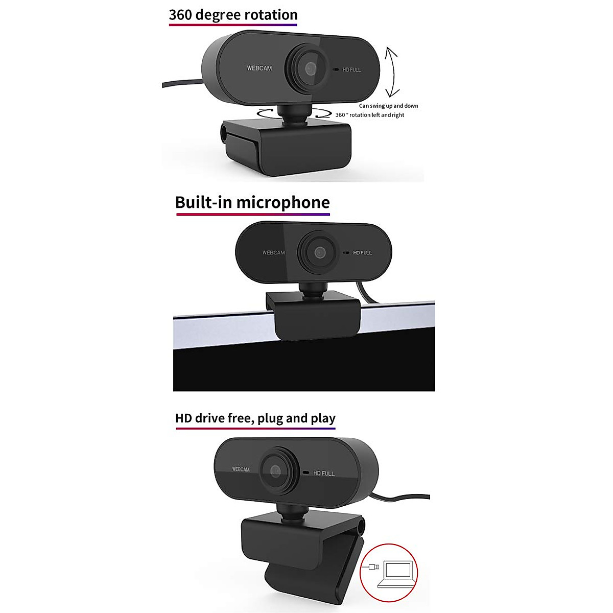 Outrip 1080p HD Webcam, Noise Reduction Microphone Stream Webcam,HD USB Webcam for PC Desktop Laptop,Used for Video Calling, Conference, Recording, Gaming, Studying with Rotatable Clip