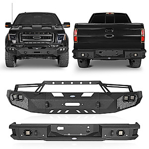 Hooke Road F150 Steel Black Front Bumper w/Winch Plate + Rear Bumper for 2009-2014 Ford F-150 (Exclude Raptor & Flareside) Pickup Truck