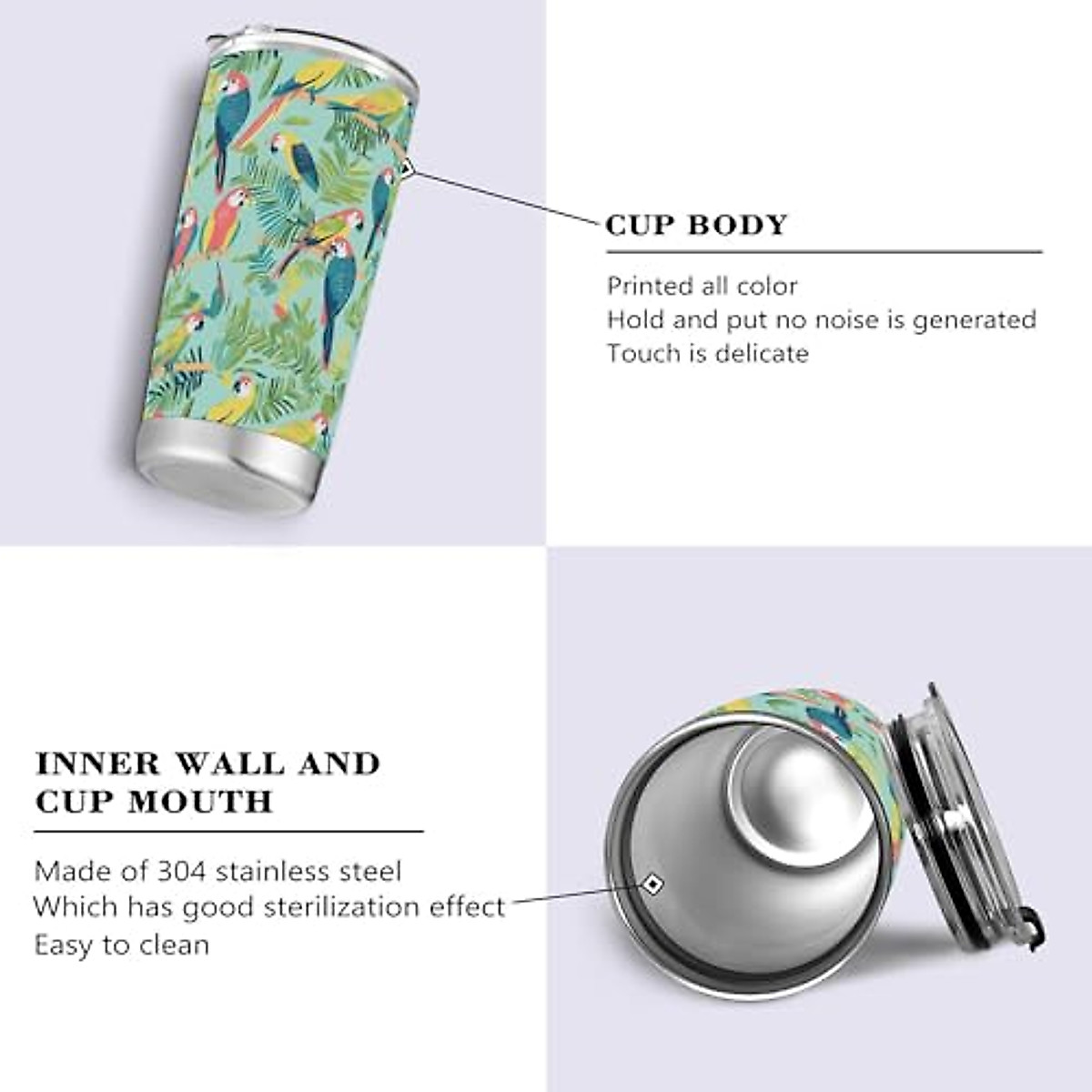 Parrots Tropical Plants Green Stainless Steel cups for hot and cold with Straw Leak Resistant Flip coffee mug to go for café reusable flip straw tumbler 20 OZ