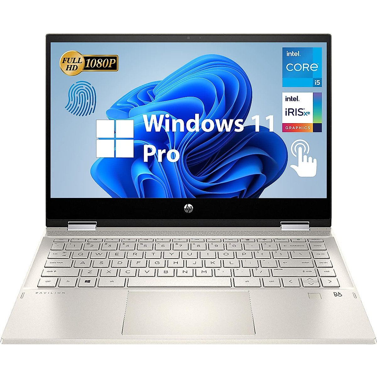 HP 2023 Pavilion 2-in-1 14" FHD Touch Screen Business Laptop, Intel Quad-Core i5-1135G7 2.4 GHz, 32GB DDR4, 1TB SSD, Fingerprint Reader, 8.5 Hours Battery, Bluetooth,WiFi, Windows 11 Pro, Gold,MarsPC