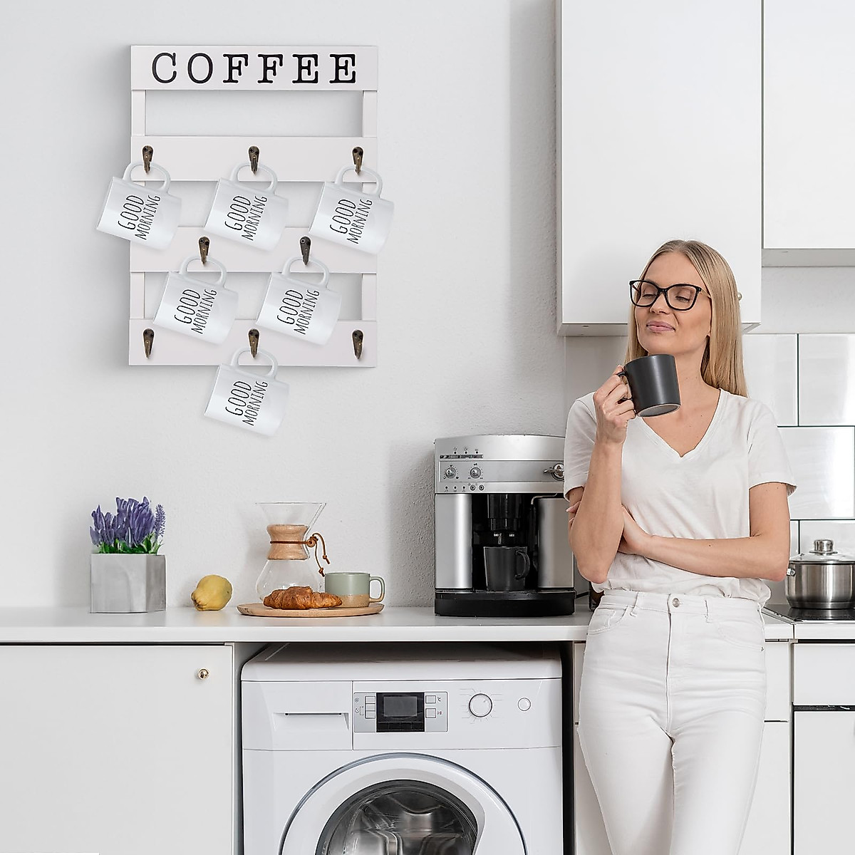 EMAISON Solid Wood Coffee Mug Holder Wall Mounted, Rustic Cup Rack with 8 Hooks Large Space for Big Cups for Kitchen, Home, Coffee Bar Station (White)