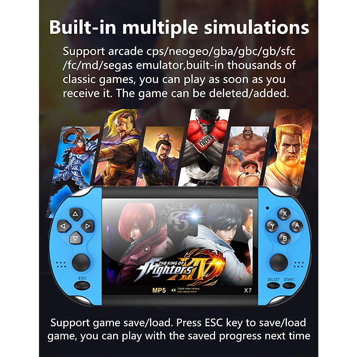 4.3 inch Dual Joystick Color Video Game Console Built-in 3000 Games Support Arcade CPS/gba/gbc/gb/SFC/fc/sega Video Music AV Out Rechargeable Lithium Battery (Blue)