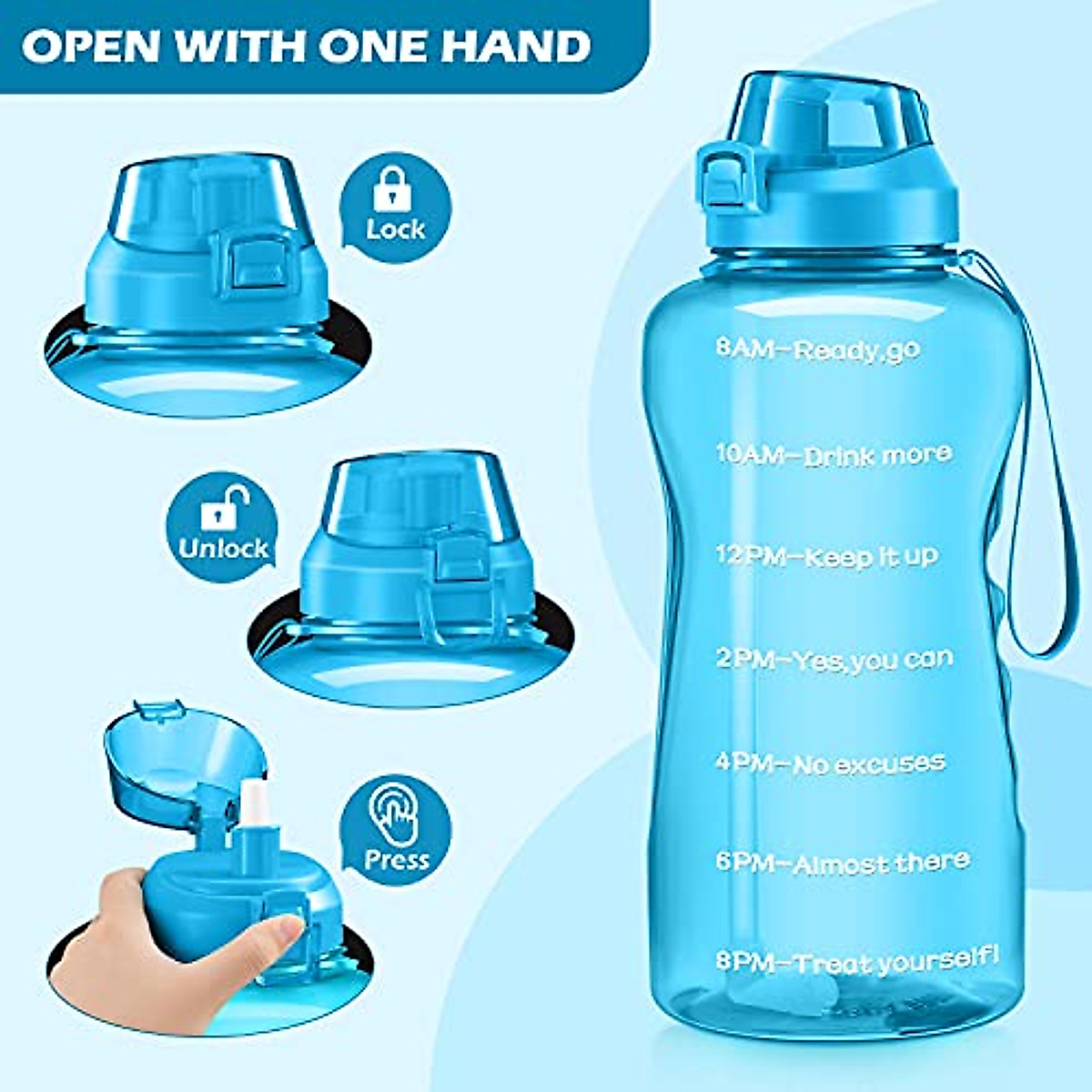 4AMinLA 128oz Motivational Gallon Water Bottle with Time Marker & Straw, Large Capacity Leakproof BPA Free Fitness Sports Water Jug (light blue)
