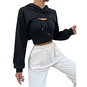SweatyRocks Women's 2 Piece Outfits Long Sleeve Pullover Crop Top Sweatshirts Hoodie And Cami Tank Top Set Black S