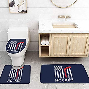 OneHoney Shower Curtain Sets 4 Pieces with Non-Slip Rugs USA Flag Hockey Sports,Waterproof Bathroom Curtains,Blue White Stripes Decor Bath Mat, Toilet Lid Cover and Floor Door Mat