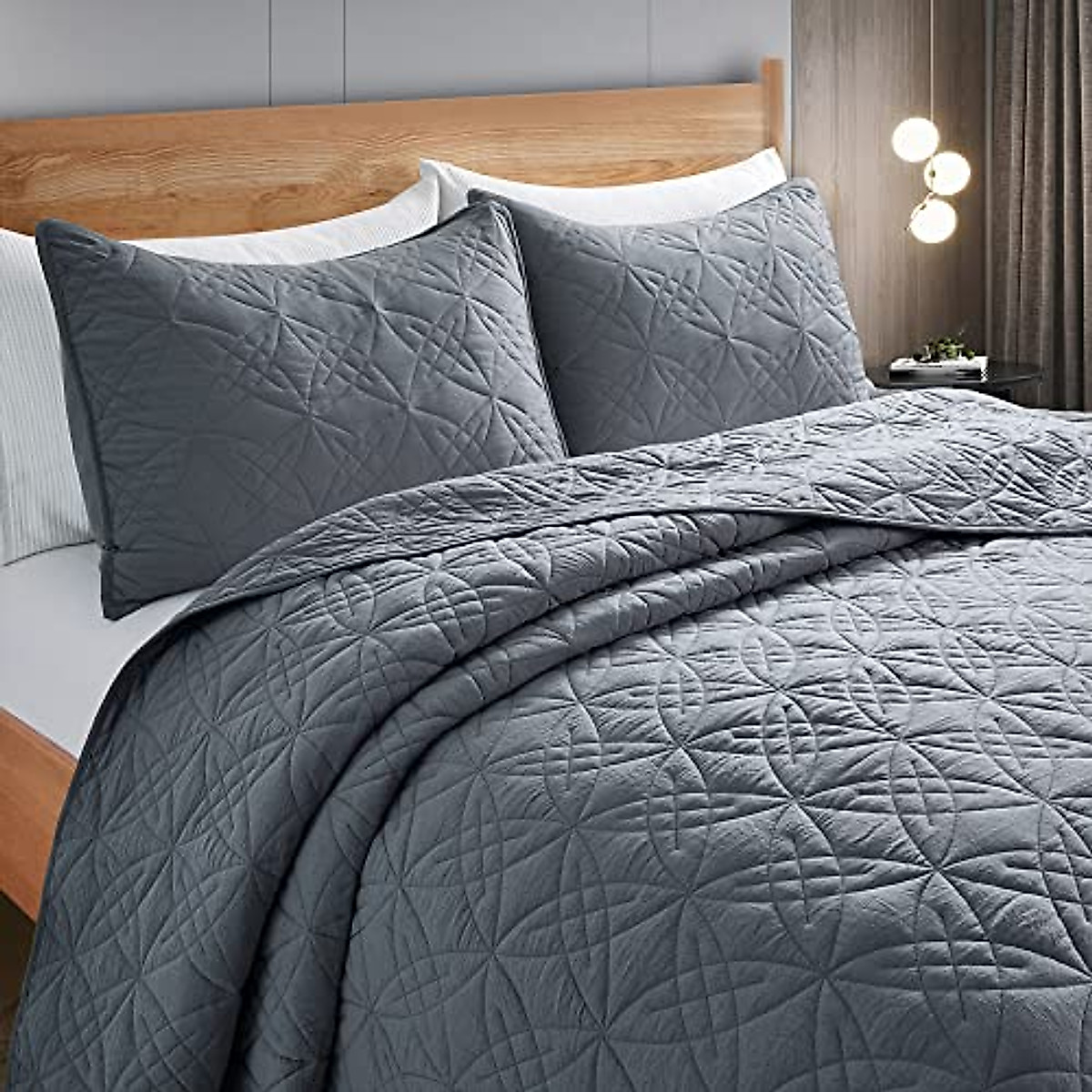 Peace nest 3 Piece Quilted Coverlet Set King Size Lightweight, All Season Bedspread Bed Cover with Pillow Shams, Dark Gray((106"X90")