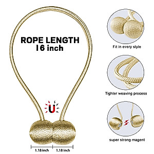 CLAURE 2 Pack Magnetic Curtain Ties, Magnetic Curtain Holder, Curtain Tie Back,Magnetic Curtain tiebacks Hand Braided Cord, Stronger Magnetic for Thin or Thick Decorative Curtains Home Bedroom Office