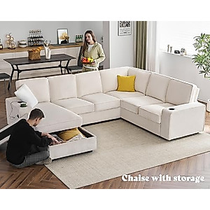 PaPaJet U Shaped Sofa, 7 Seater Sofa with USB Ports, Sectional Sofa Couch with Storage Chaise, Corduroy Beige