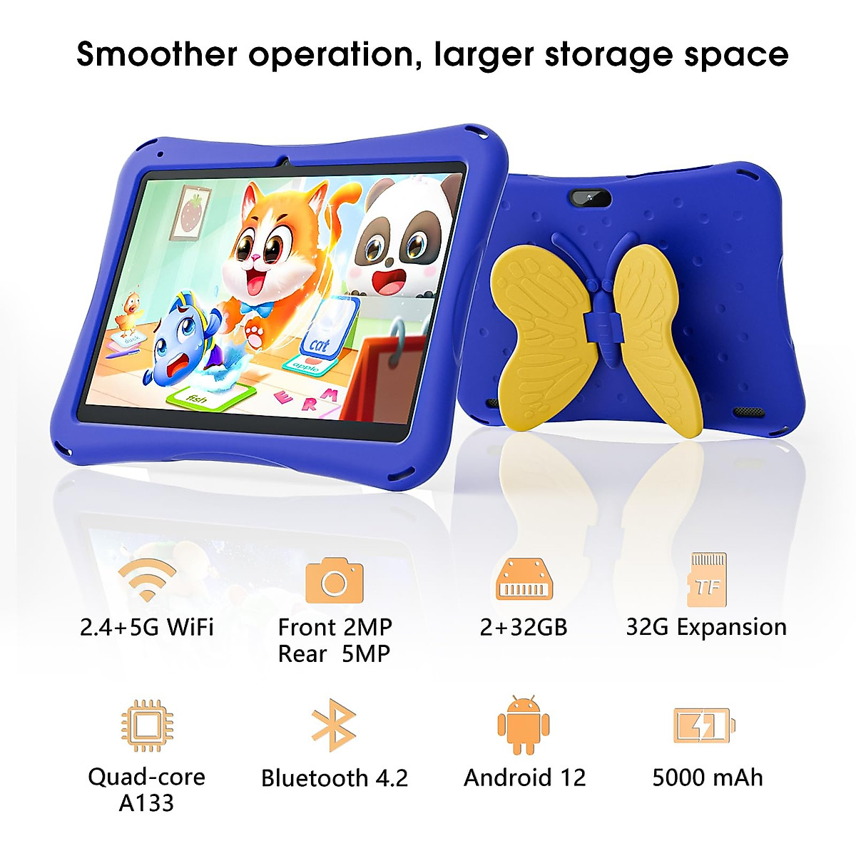 SGIN 10 Inch Tablet for Kids, Android 12 Kids Tablet with Kids Case, 2GB RAM 64GB ROM, 5000mAh, 1280 * 800 Display, Dual Camera, WiFi, Educational Games, Yellow Butterfly Handle