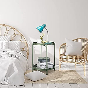 danpinera 2 Tier Metal Side Table with Removable Tray, Folding End Outdoor Small Accent Table, Anti-Rust Green Nightstand for Bedroom Balcony Patio (Dark Green)