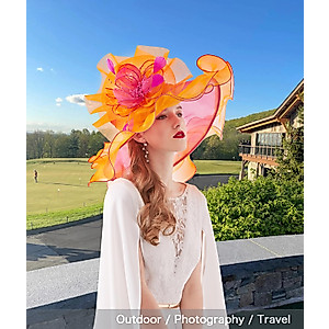 Z&X Women's Organza Church Fascinator Hair Clip Bridal Wedding Tea Party Hat Wide Brim Anti-UV Sun Hat Orange Rose