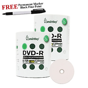 Smartbuy 200-disc 4.7GB/120min 16x DVD-R White Inkjet Hub Printable Blank Media Disc + Black Permanent Marker