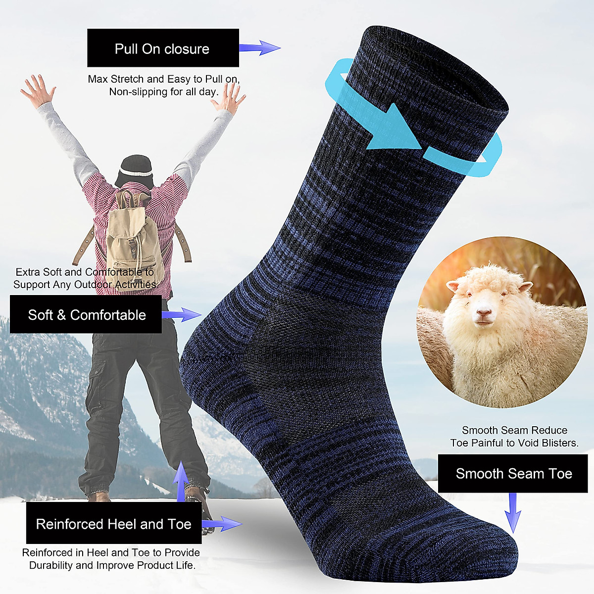 Ortis Men's Merino Wool Cushion Crew Socks with Moisture Wicking Control Light Weight Breathable for Outdoor Hiking Cycling(Navy Blue L)
