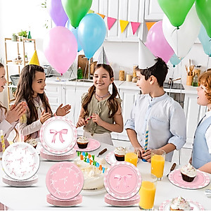 48pcs Pink Bow Party Supplies Bow Birthday Party Plates 7” Pink Bow Party Decor for Girl Bachelorette Bridal Engagement Baby Shower Coquette Cute Tableware Dinnerware Party Favor for 48 Guests