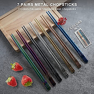 ESSBES 7 Pairs Metal Chopsticks, 7 Colors Reusable Stainless Steel Chopsticks, 13 Rings Pattern Non-slip Dishwasher Safe Chop Sticks, Square Lightweight Chopsticks, 8.9 Inches