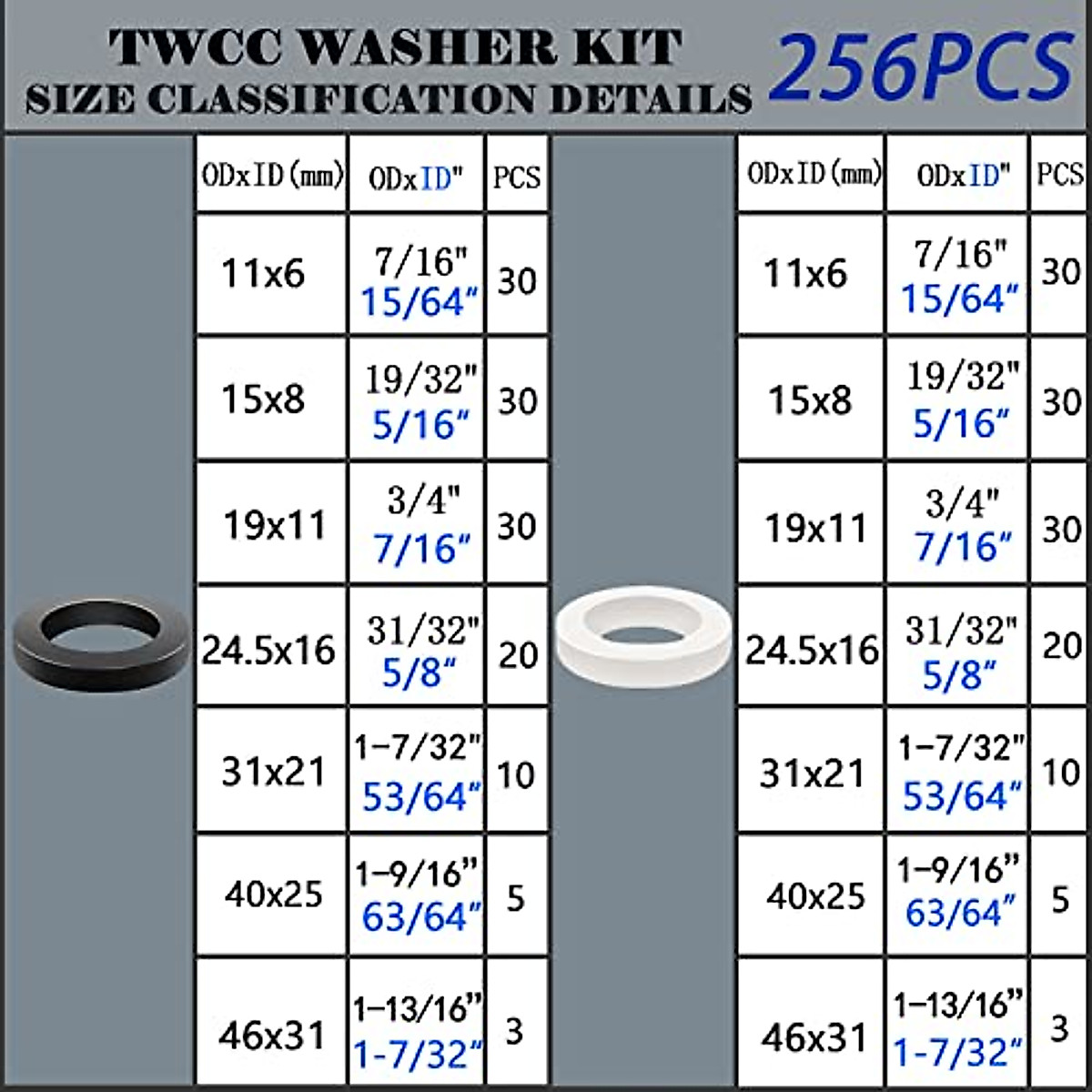 TWCC 256 Pcs Assorted Flat Rubber Washers Plumbing Large Gasket Assortment Kit Hose Gasket Set,for Garden Hose Adapter Water Tank Pipe Splitter Shower Head Water Meter Coupling Washers Repair