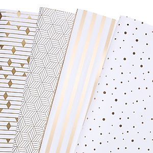 PlandRichW Gold Wrapping Paper Folded for Birthdays, Weddings, Graduations, Father's Day, Christmas, Hanukkah, Holidays, White & Gold Foil Design Triangle Striped Polka Dot Grid 12 Sheets 20"x29"