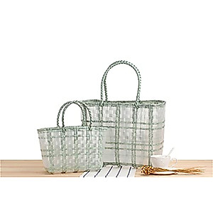 Women Straw Tote Bag Handmade Rattan Transparent Handbag Beach Handwoven Shoulder Bag Large Capacity Shopping Bag (Pink,L)