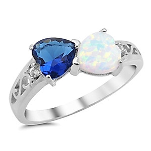 925 Sterling Silver Ring Lab White Opal Simulated Blue Sapphire Heart Shape Promise Ring