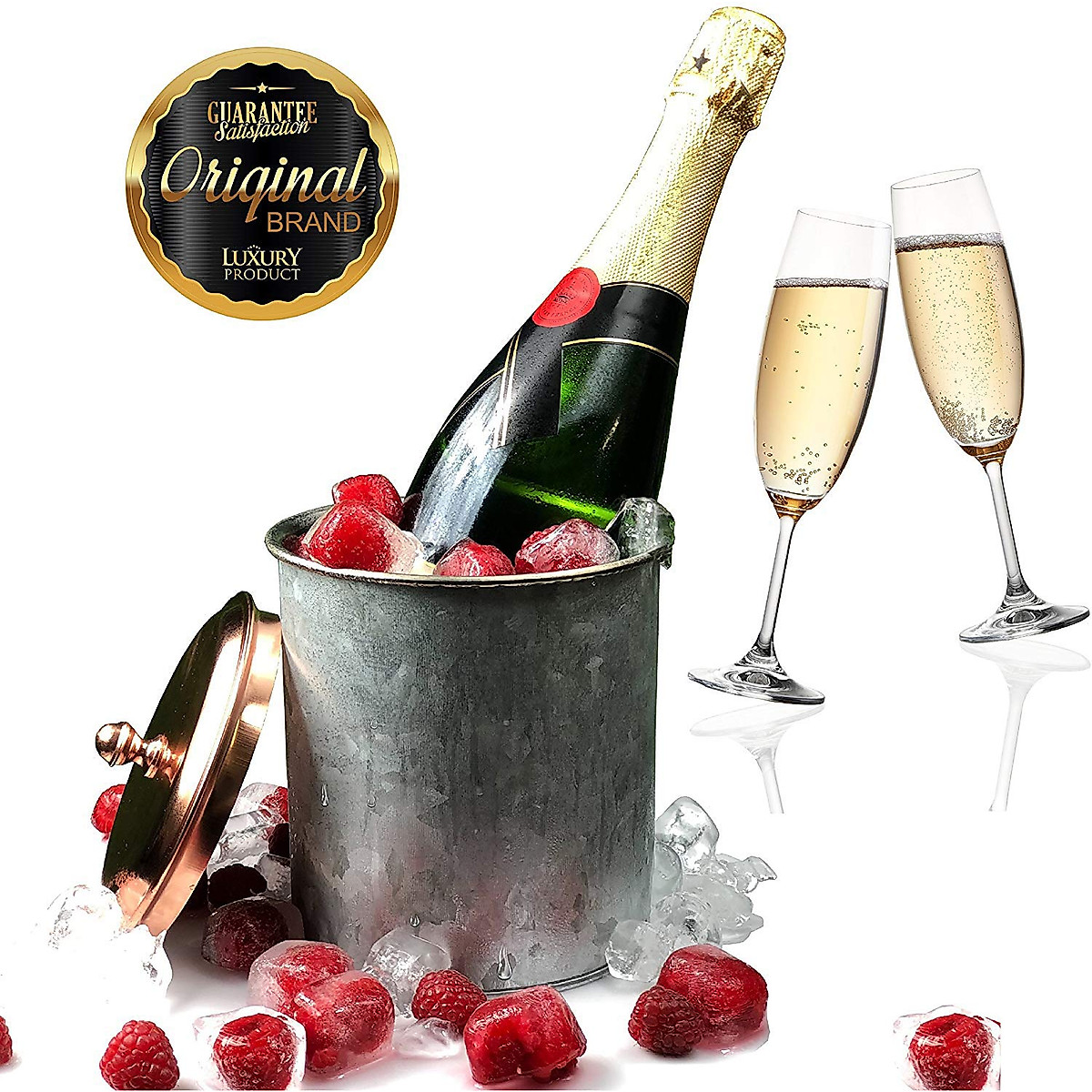 Galrose Galvanized Iron Insulated Ice Bucket – Rose Gold Lid, 2 Liter Stainless Steel Double Wall 5.5" x 6” Rustic Wine Chiller or Champagne Bucket. Unique 6th Iron Anniversary or Birthday Gift