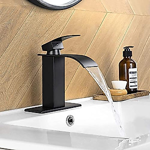 Qomolangma Black Waterfall Spout Bathroom Faucet, Single Handle Bathroom Vanity Sink Faucets, Rv Lavatory Vessel Faucet Suitable for 1 or 3 Holes with 6 Inch Deck Plate & Hose Matte Black