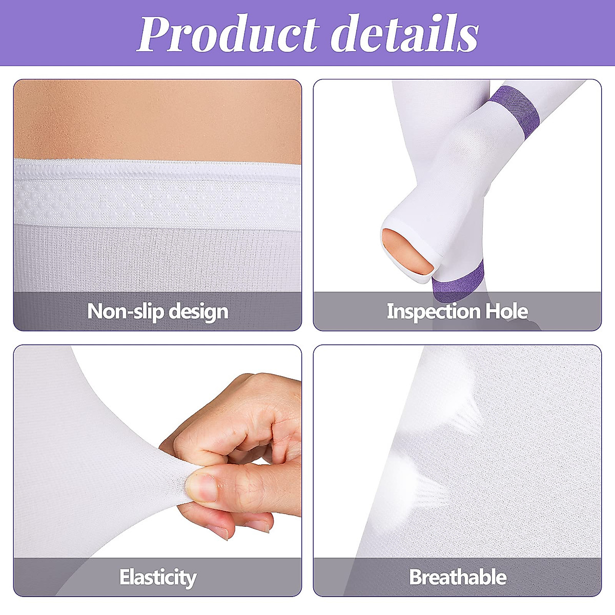 2 Pairs TED Hose Compression Stockings Thigh High Knee High 15-20 mmHg Compression TED Hose with Inspect Toe Hole TED Compression Socks for Leg Edema Swelling Soreness Pain (White- Purple,XL Size)