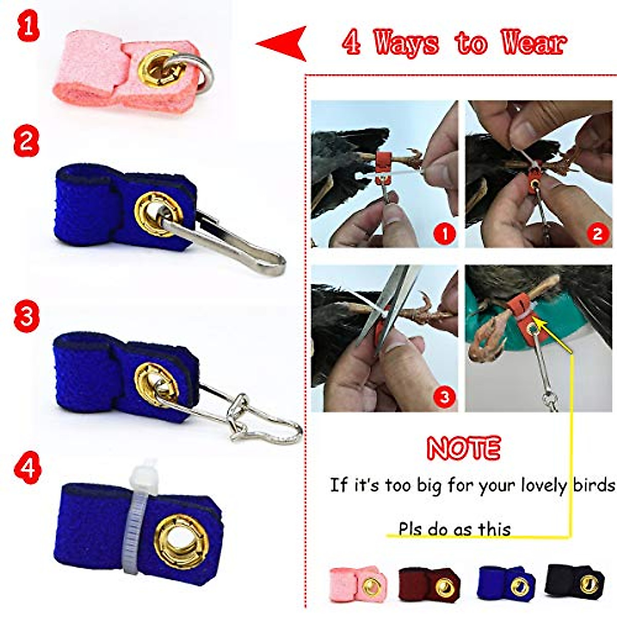 Bonaweite 4Pack Birds Foot Rings, Parrot Leg Bands Opening Feet Ring, Suede Cloth Bird Foot Protector Identification for Pigeons African Grey Cockatoo Macaw Ringneck Parakeet Cockatiel