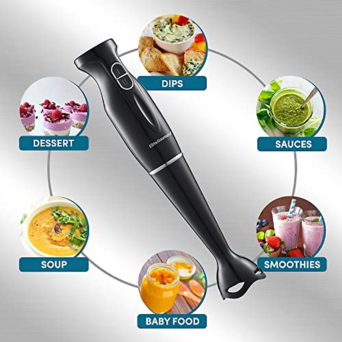 Elite Gourmet EHB1023 Immersion Hand Blender 300 Watts 2 Speed Mixing with Detachable Blades, Detachable Wand Stick Mixer, Smoothies, Baby Food, Soup, Black